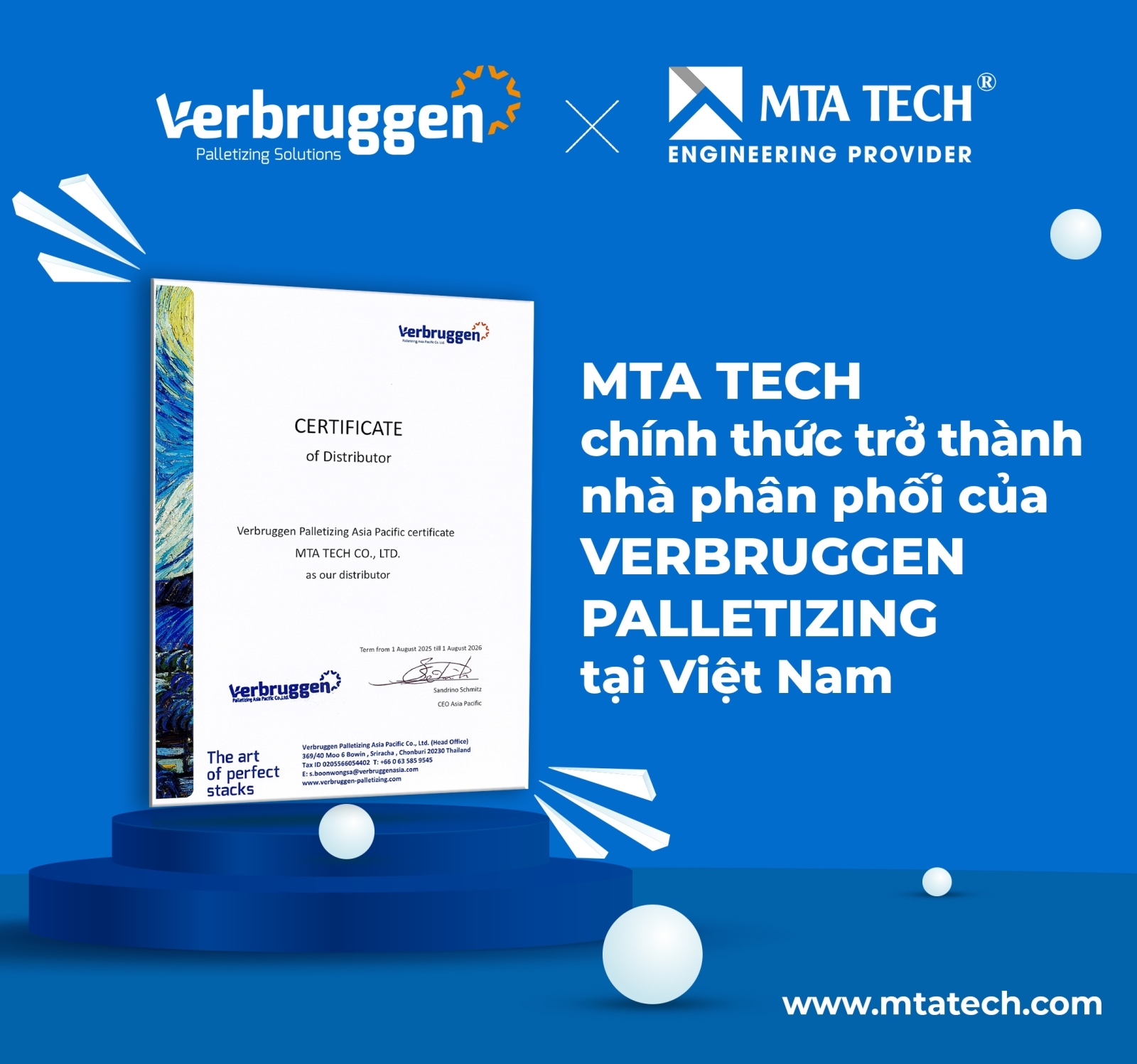 MTA TECH chính thức trở thành nhà phân phối của Verbruggen Palletizing